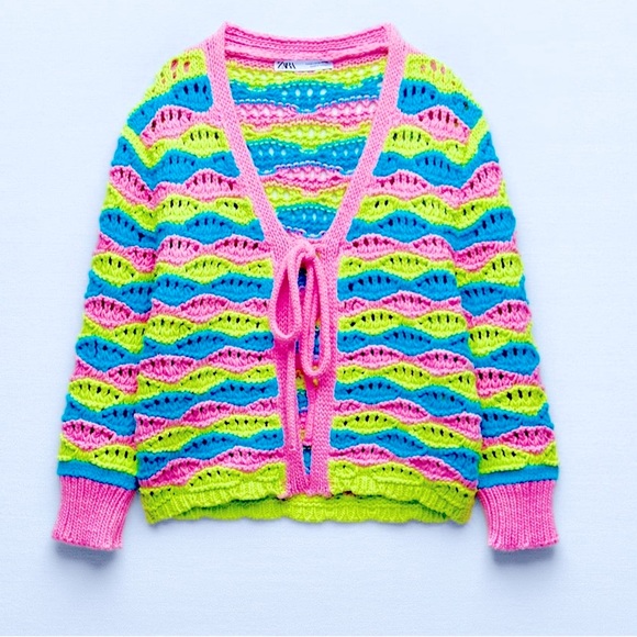 Zara | Sweaters | Zara Open Knit Crochet Striped Cardigan Sweater ...